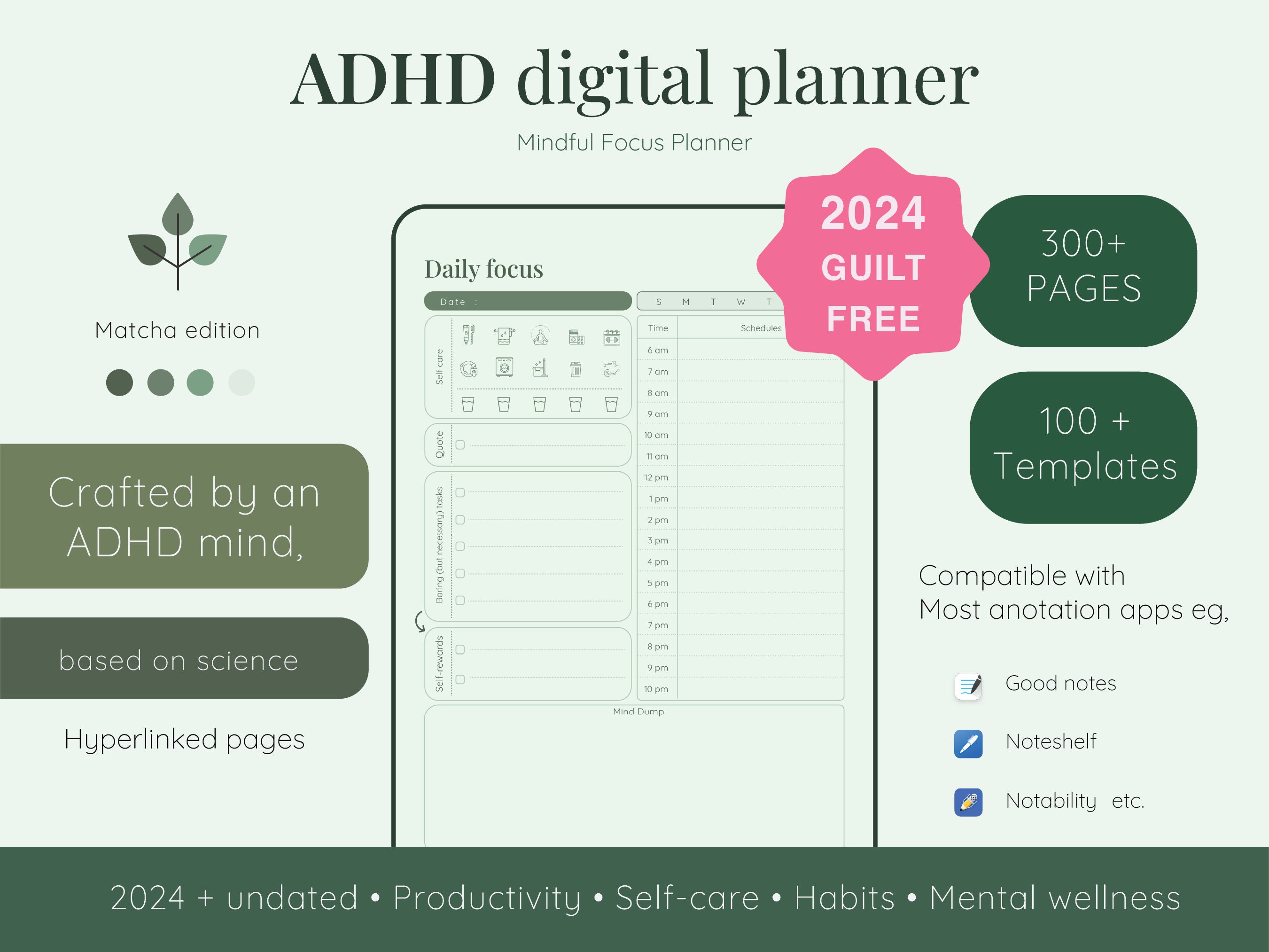 ADHD Digital Planner 2024, Matcha Edition, Designed for Neurodivergent ...