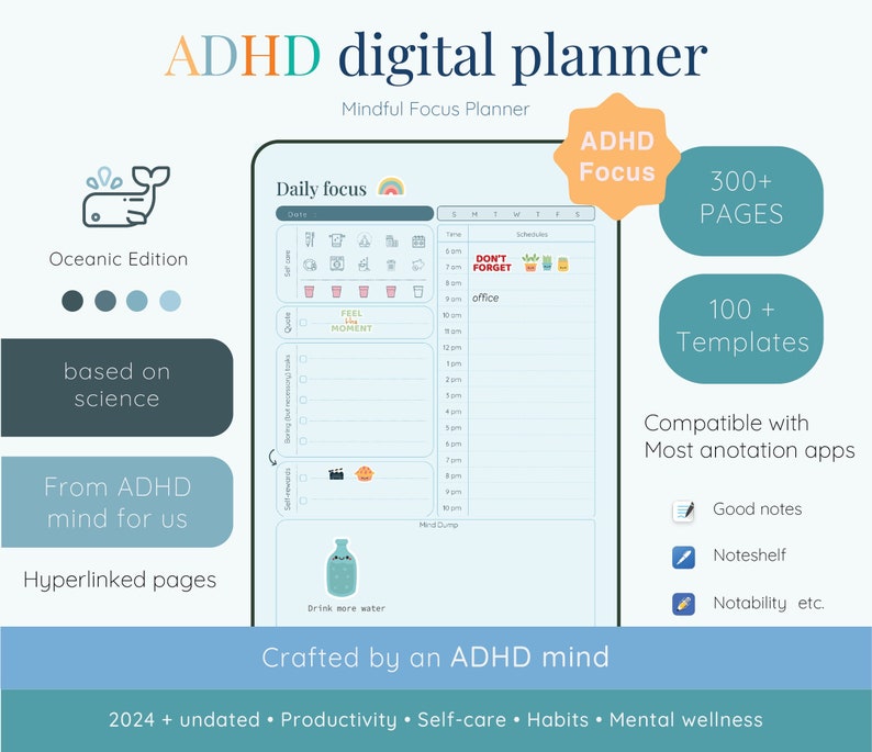 ADHD Digital Planner 2024,oceanic Blue Edition, Enhance Focus and ...