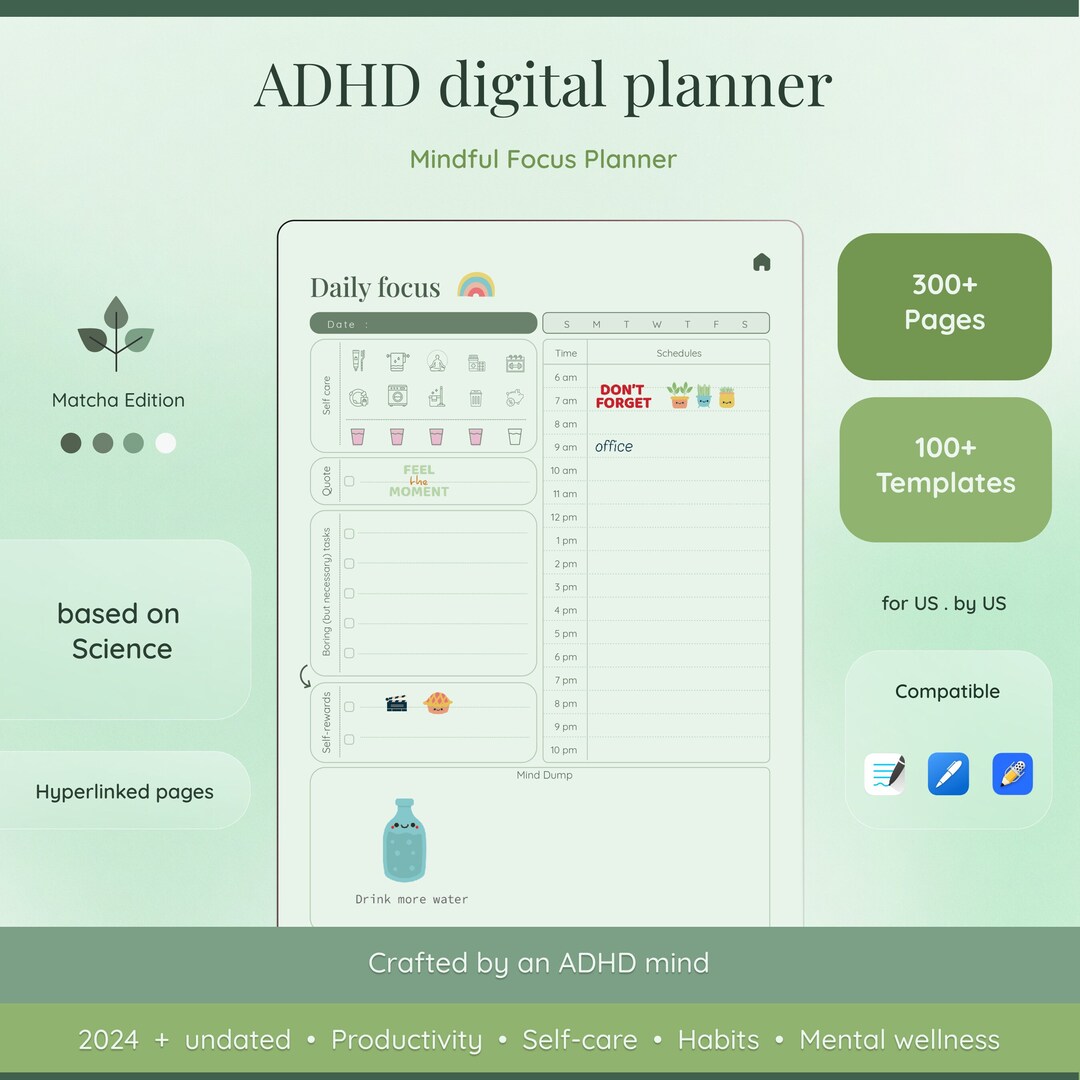 ADHD Digital Planner 2024, Matcha Edition, Designed for Neurodivergent ...