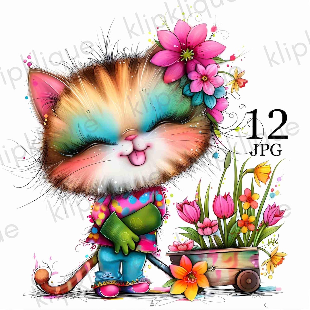 Watercolor Spring Cat Clipart, Flowers, Book Lovers, Kindle Stickers ...