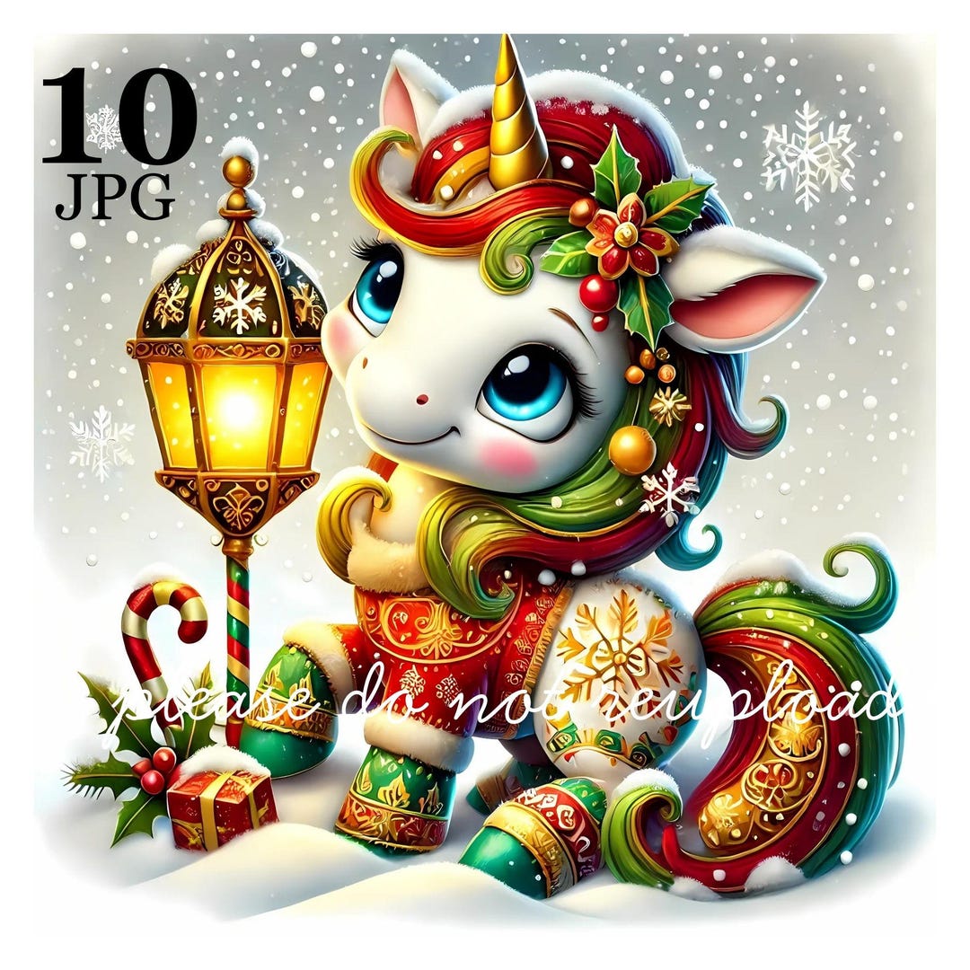 Christmas Unicorn Clipart, Holiday Digital Art, 300 DPI JPG (digital ...
