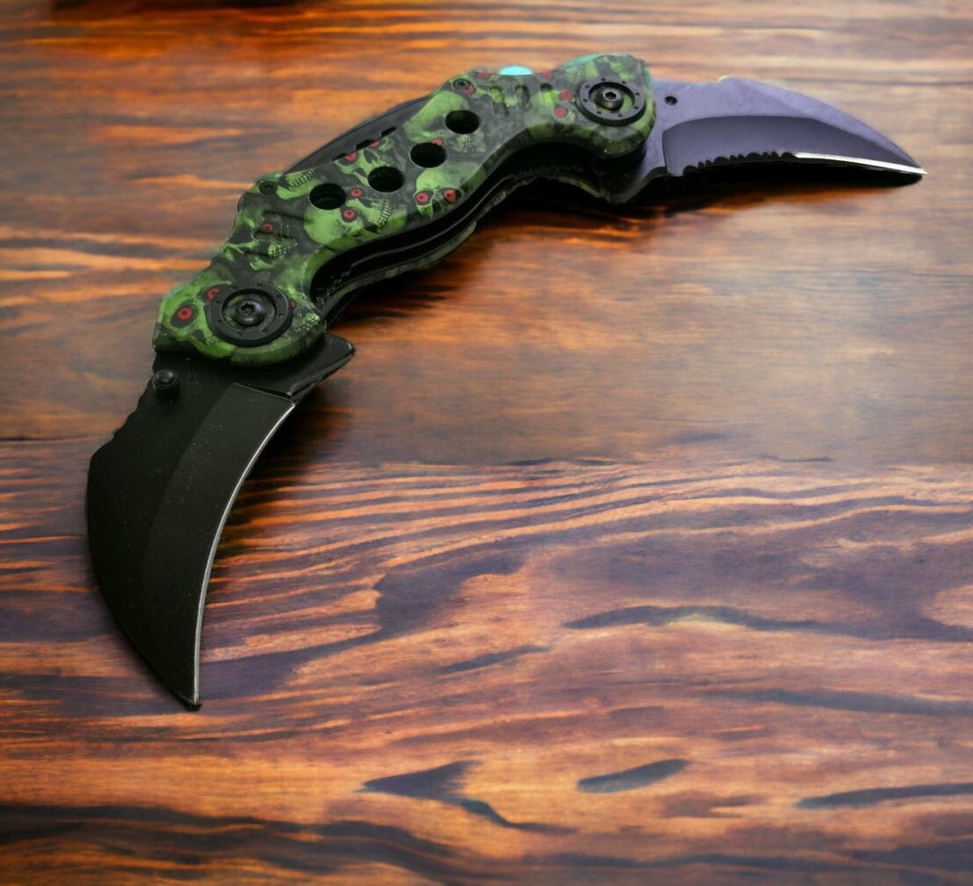 Twin Dual Claw Blade Karambit Knife. Green Pocket Knife With - Etsy
