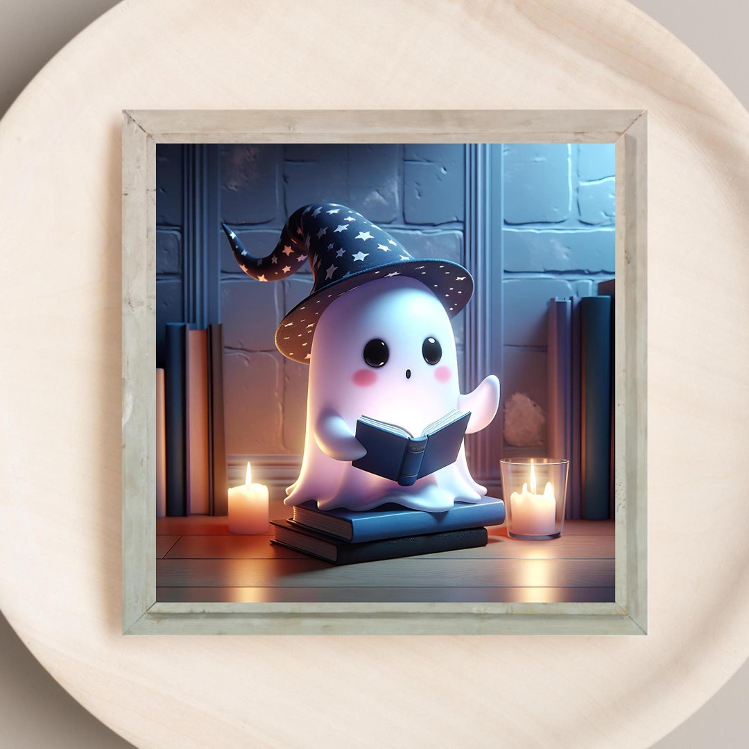 Wizard Ghost Reading a Book Halloween Wall Art Printable Cute Ghost ...
