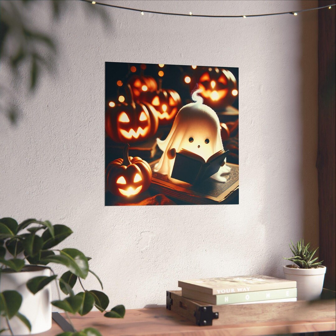 Ghost Reading Poster Book Lover Halloween Wall Art Spooky Librarian ...