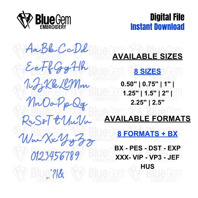 Blakely Script Embroidery Font - BX Format Included, 8 Sizes, 0.5" - 2. ...
