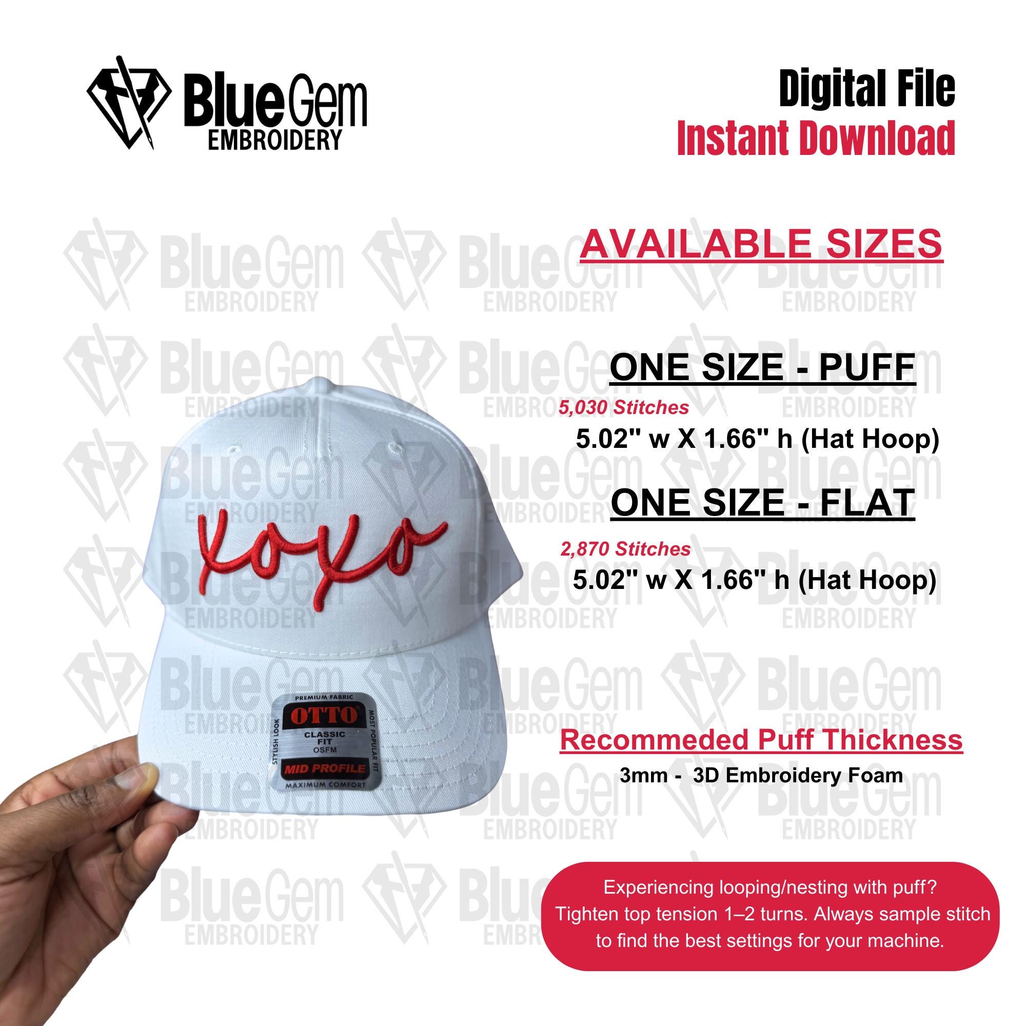 XOXO Hat Embroidery Design: 3D Puff and Flat Design, Valentines Day ...