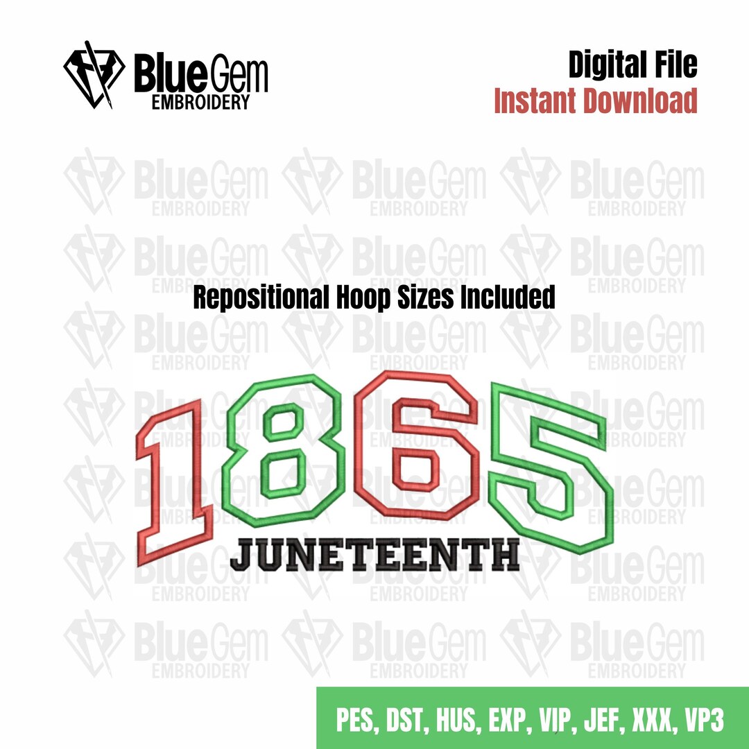 1865 Juneteenth Applique Embroidery Design With Repositional Hoop Sizes ...