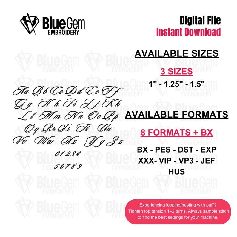 3D Puff Script Embroidery Font – 3 Sizes, 8 Formats (BX Font, Digital ...