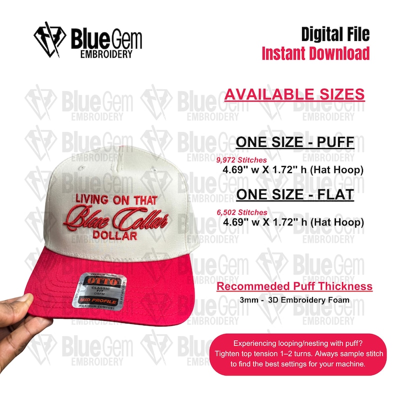 Blue Collar Dollar Hat Embroidery Design – 3D Puff (digital Download ...