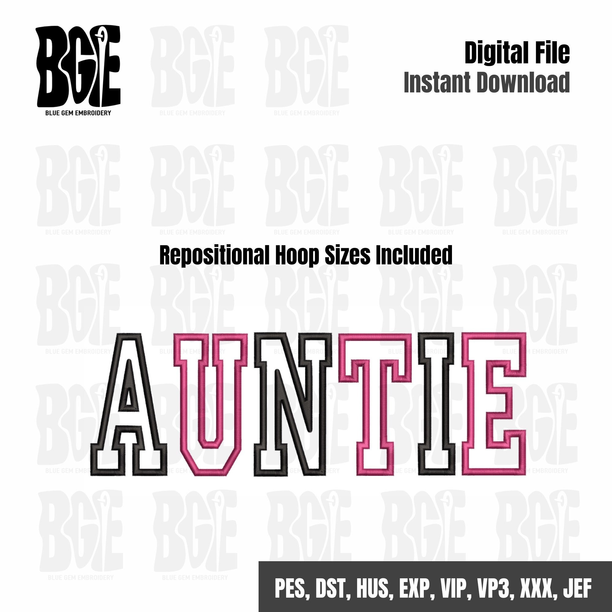 Auntie Applique Embroidery Design: Repositional Hoop Sizes (digital ...