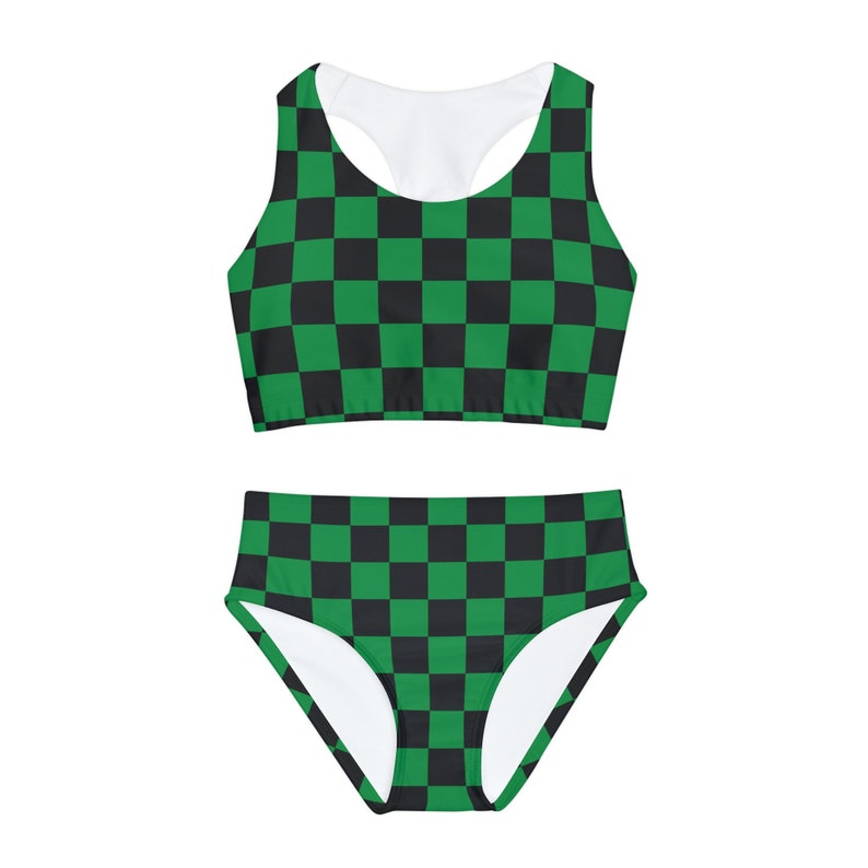 Green Black Girls Two Piece Swim Suit Japanese Anime Checkered Pattern ...