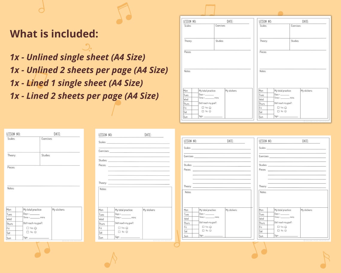 Music Lesson Plan Practice Sheet Student Musician Log Digital Download ...