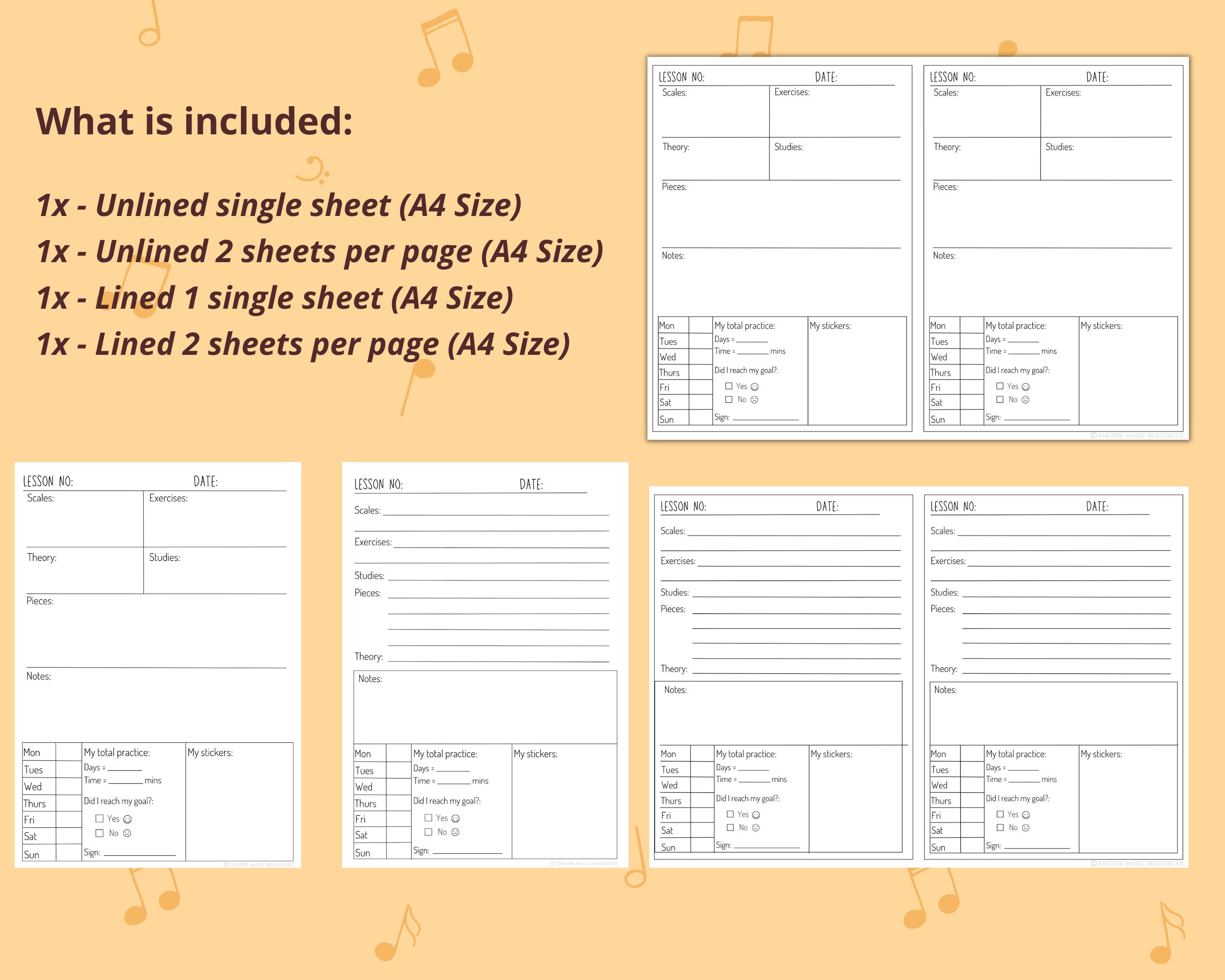 Music Lesson Plan Practice Sheet Student Musician Log Digital Download ...