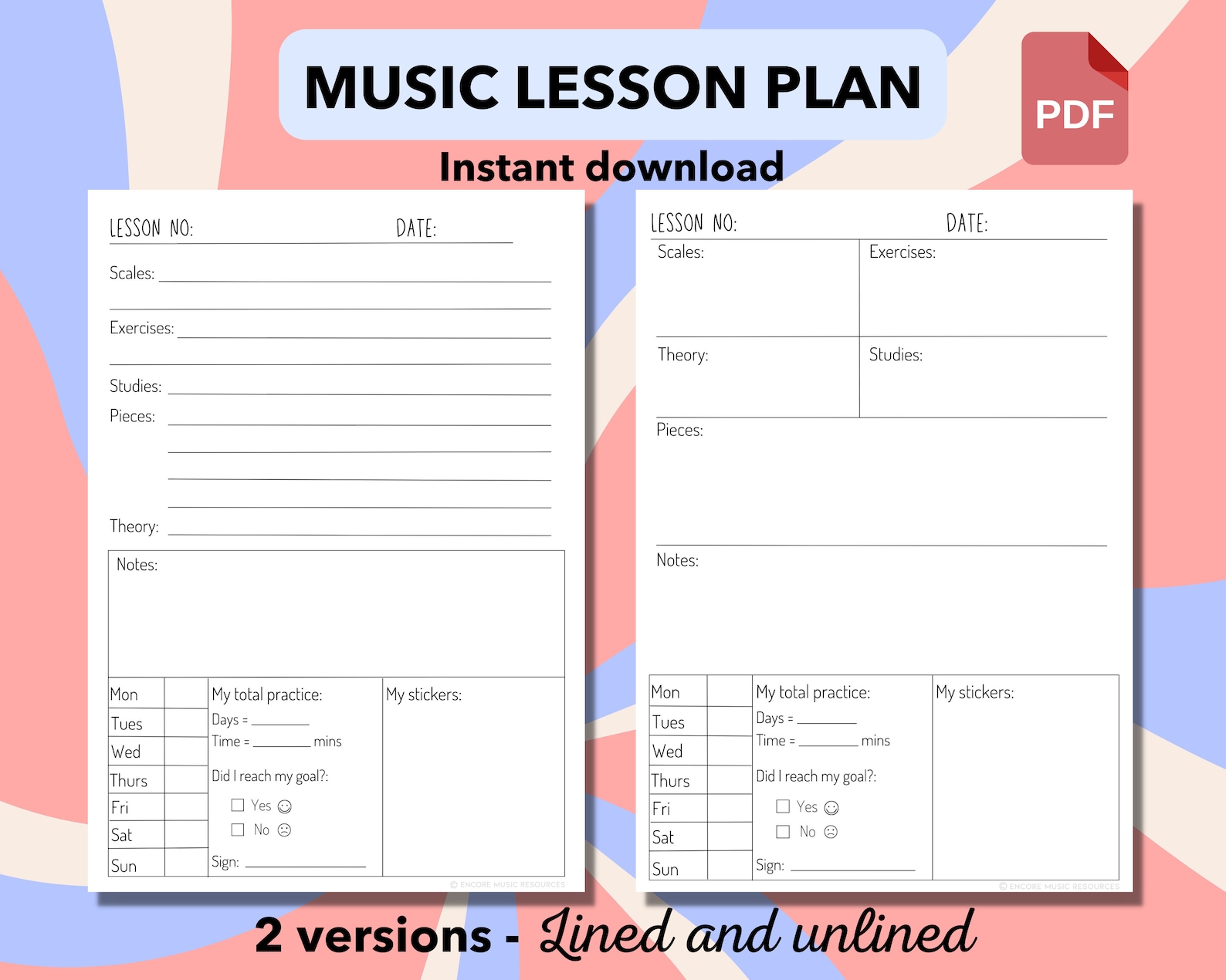 Music Lesson Plan Practice Sheet Student Musician Log Digital Download ...