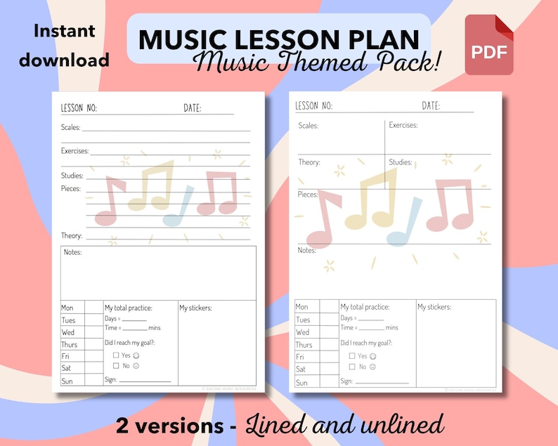 Music Lesson Plan - Instrument Theme - Practice Sheet Student Musician ...
