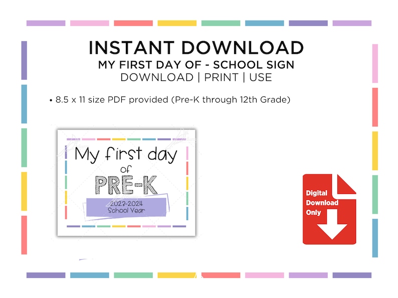 First Day of School Sign, Pre-k, Kindergarten, 1st Grade Sign, All ...
