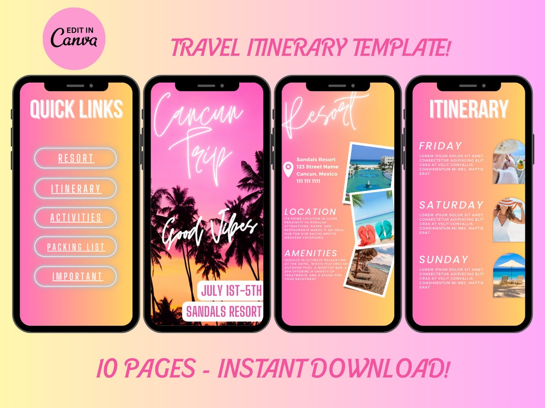 Digital Travel Itinerary Template for All-inclusive Resort, Trip ...