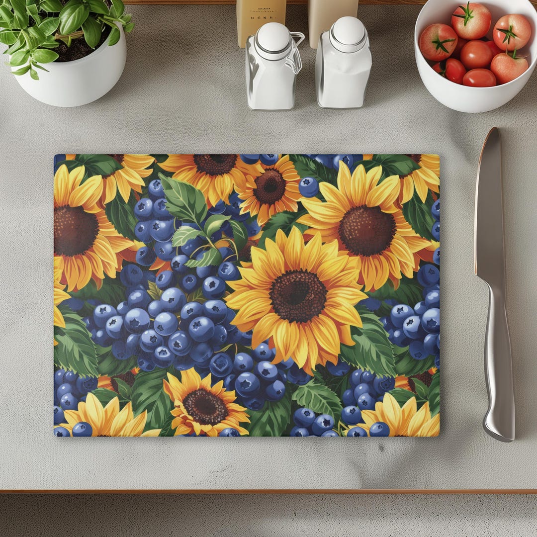 Blueberry and Sunflower Glass Cutting Board - Kitchen Decor, Cutting ...