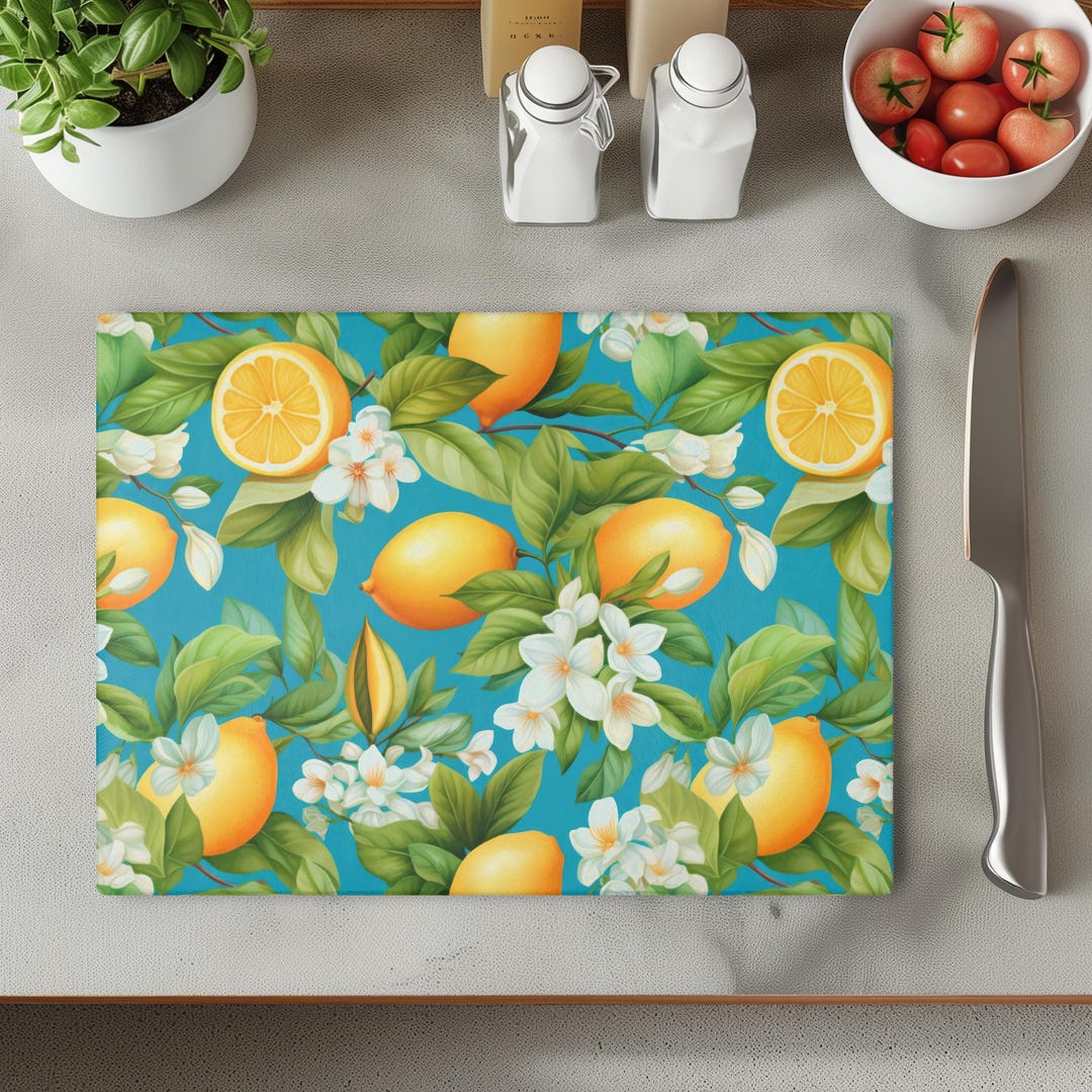 Lemon & Floral Glass Cutting Board - Kitchen Decor - Housewarming Gift ...