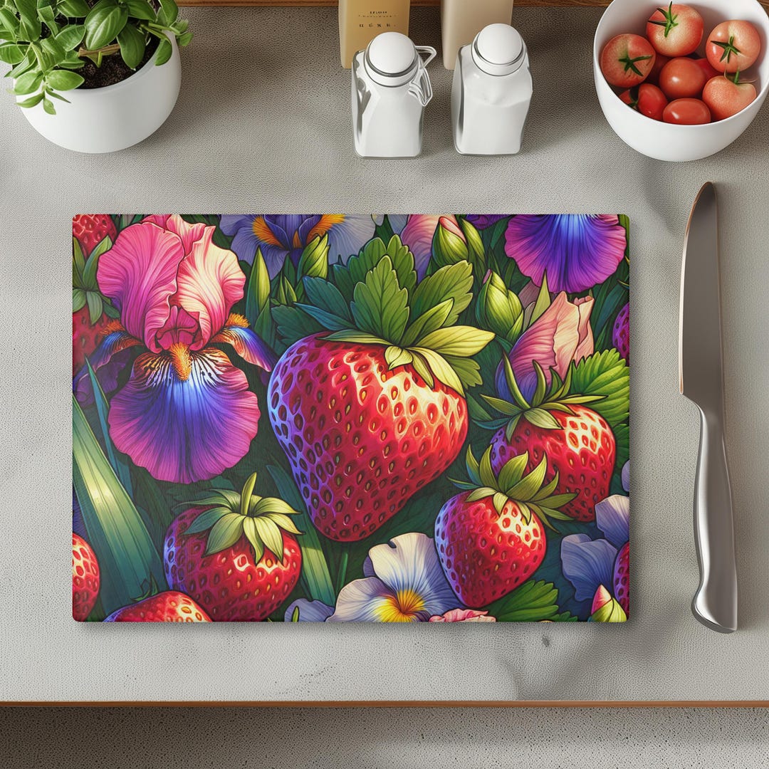 Glass Cutting Board, Strawberry Cutting Board, Strawberry and Iris ...