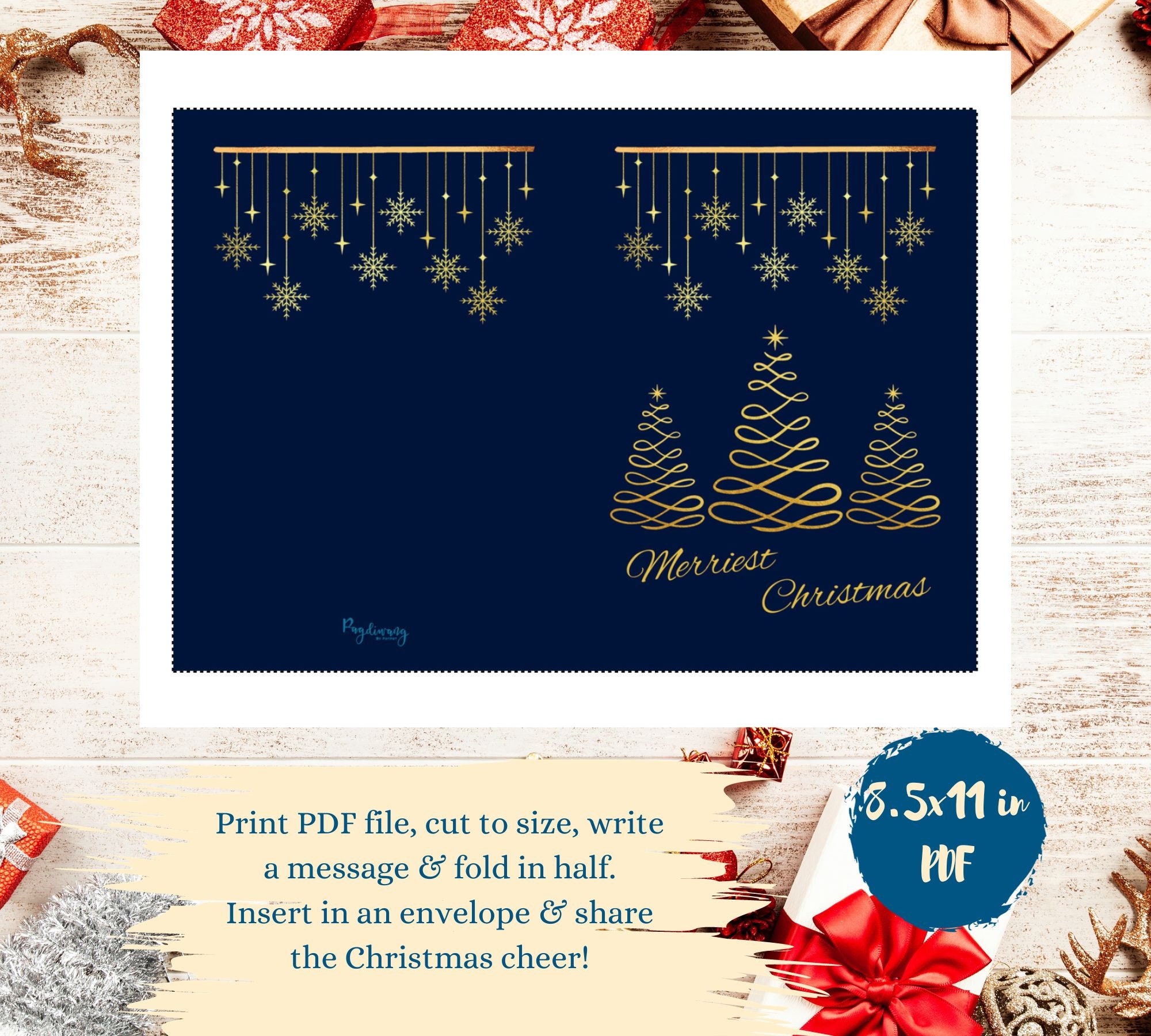 Metallic Gold Christmas Greeting Card Printable PNG & PDF - Etsy