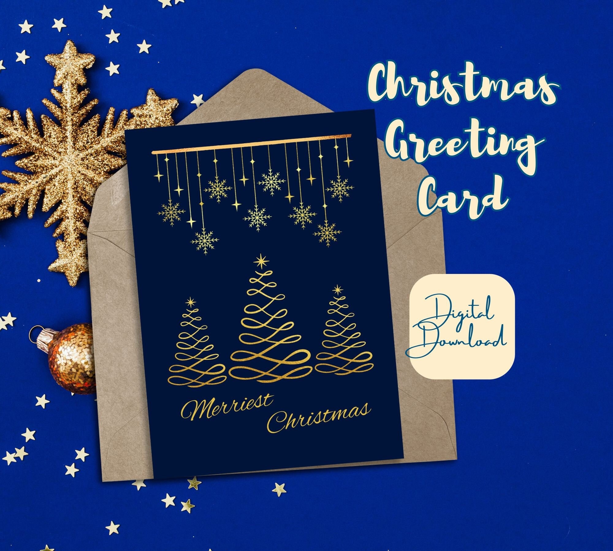 Metallic Gold Christmas Greeting Card Printable PNG & PDF - Etsy
