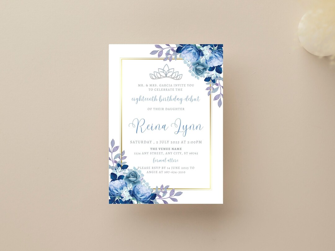 18th Birthday Invitation Blue Bouquet Canva Template, 5x7 Digital ...