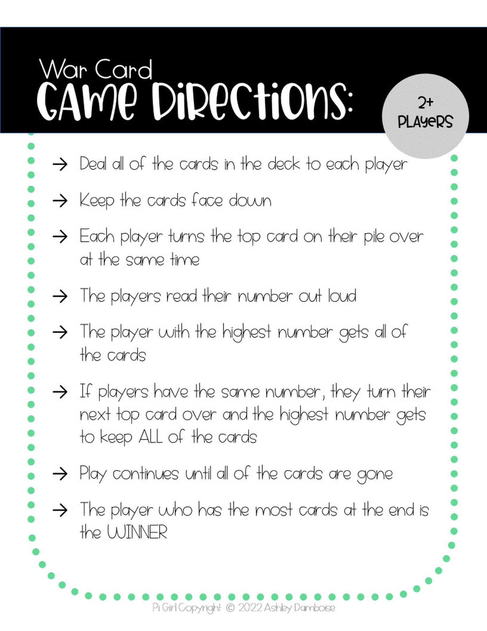Multiplication War Card Game- Arrays- Math Center- Take Home Game- Low ...