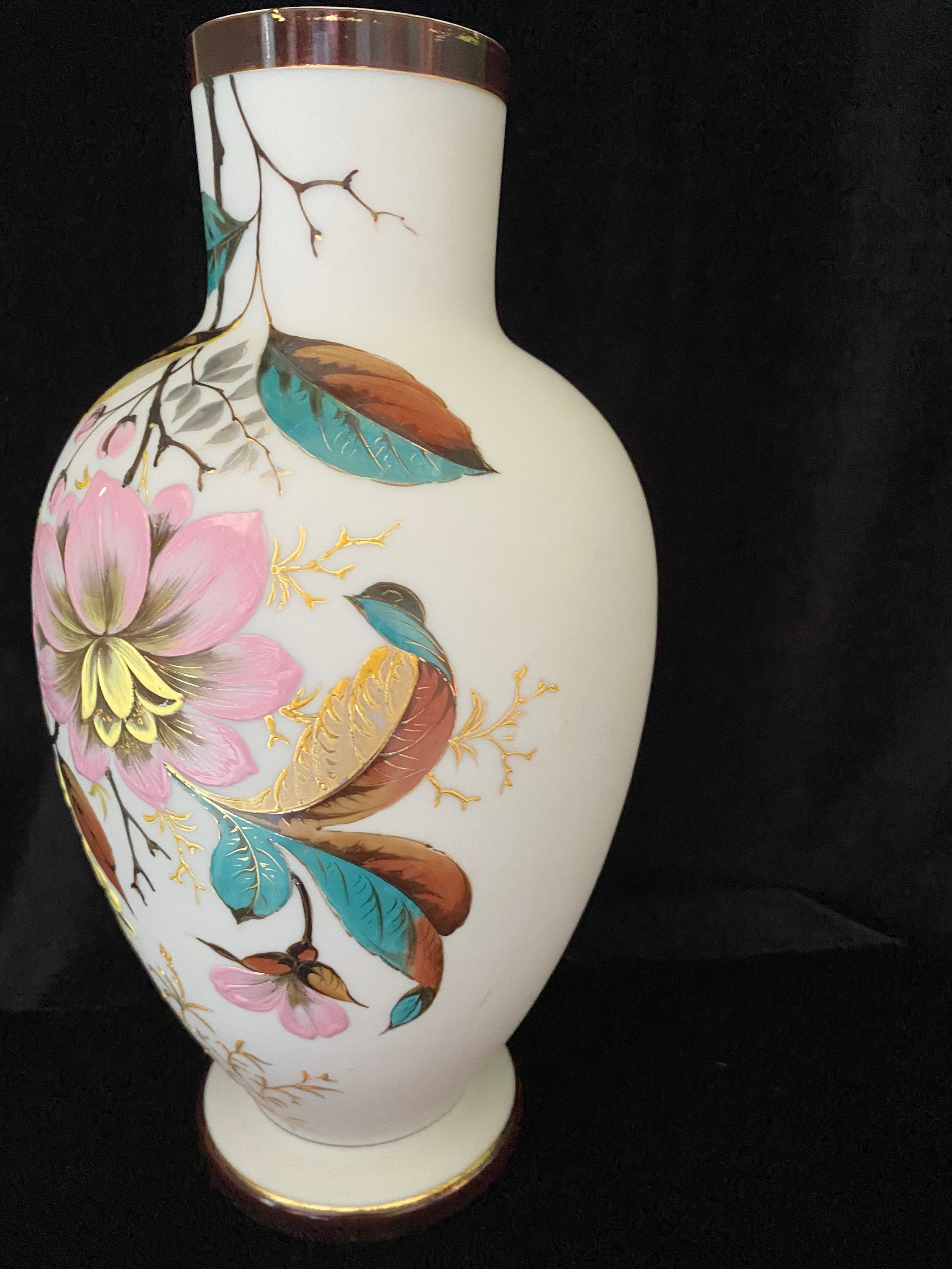 Glass Vase, Large, Asian Inspired, Hand-painted Floral Motif With Gold ...