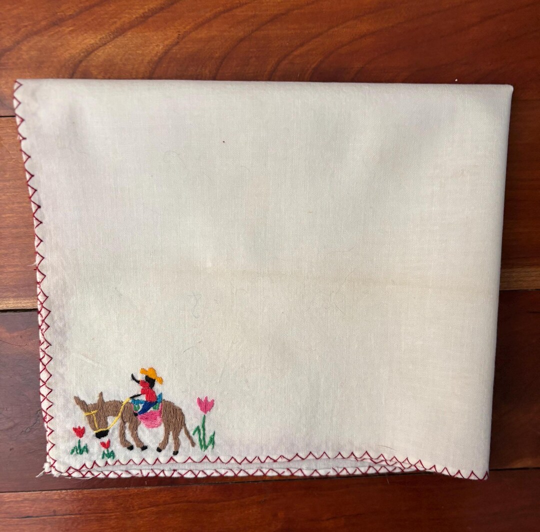 Vintage 1950s Mexican Embroidered Handkerchief | Donkey & Tulips Motif ...