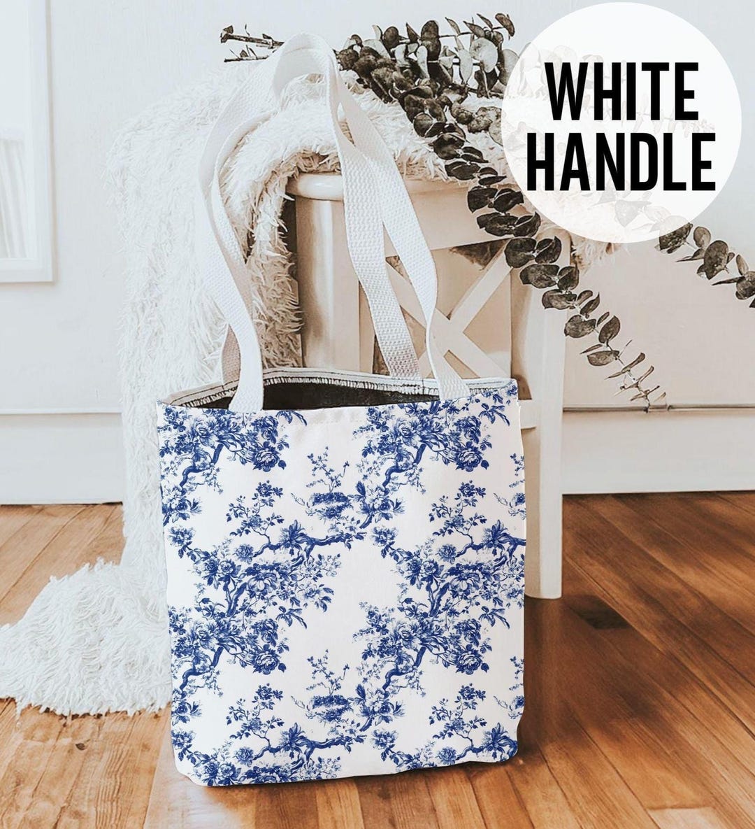 Blue French Toile Tote Bag: Floral Print Shopper, Durable Polyester - Etsy