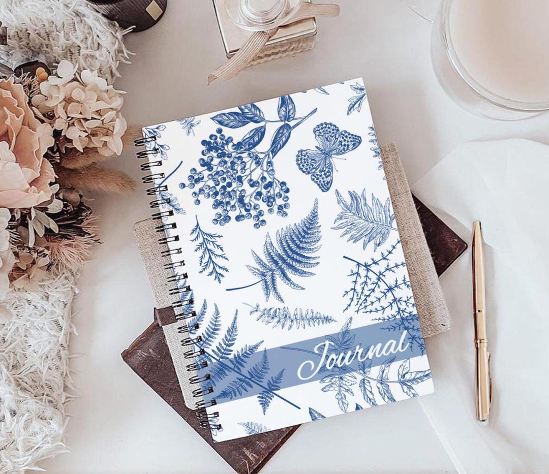 Blue Floral Journal, Blue Floral Spiral Notebook, Ruled Lines, Note ...