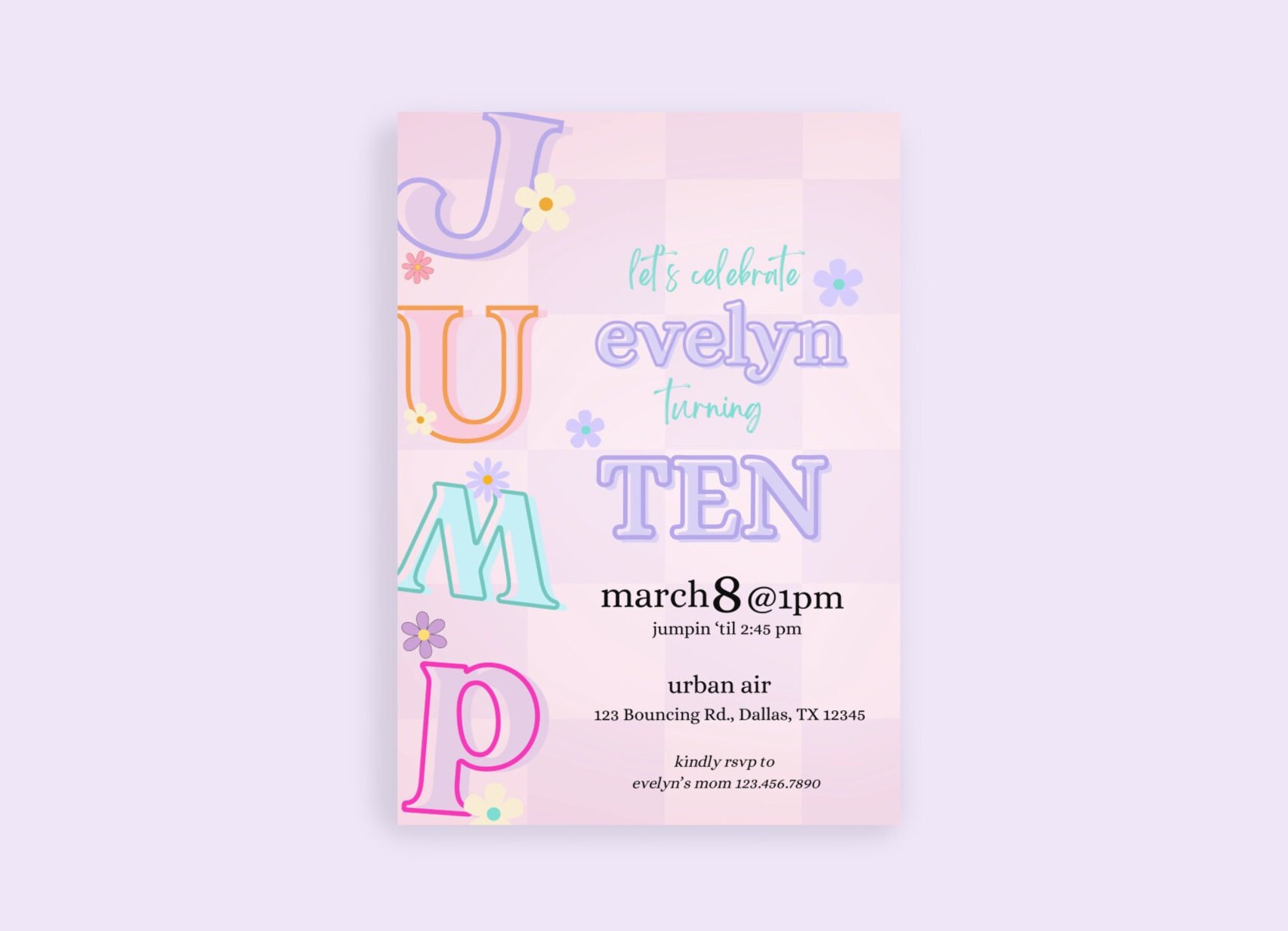 Editable Jump Birthday Party Invitation, Pink and Purple Jump Birthday ...