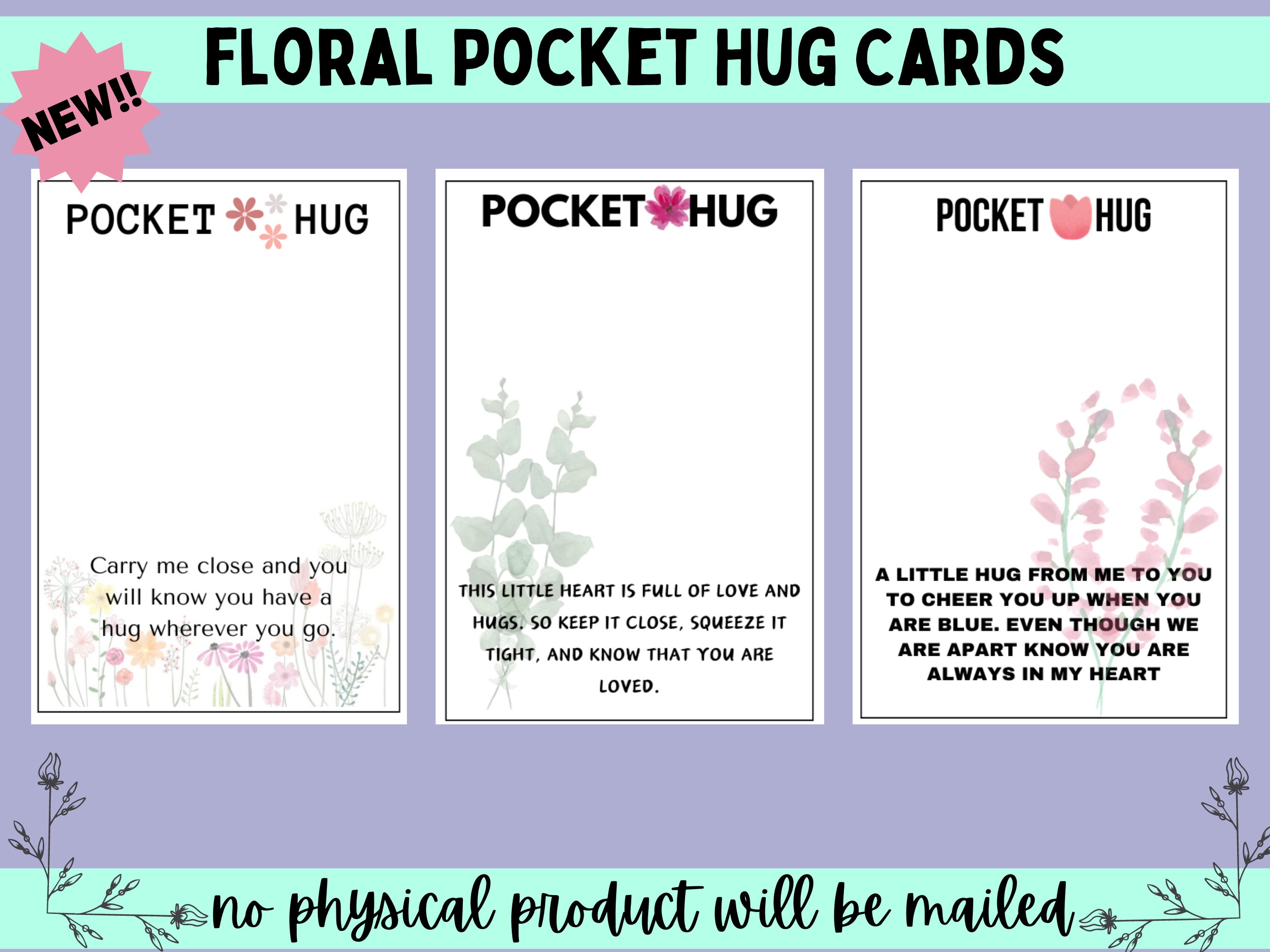 3 Floral Pocket Hug Cards Printable PDF File Instant Download 3 ...