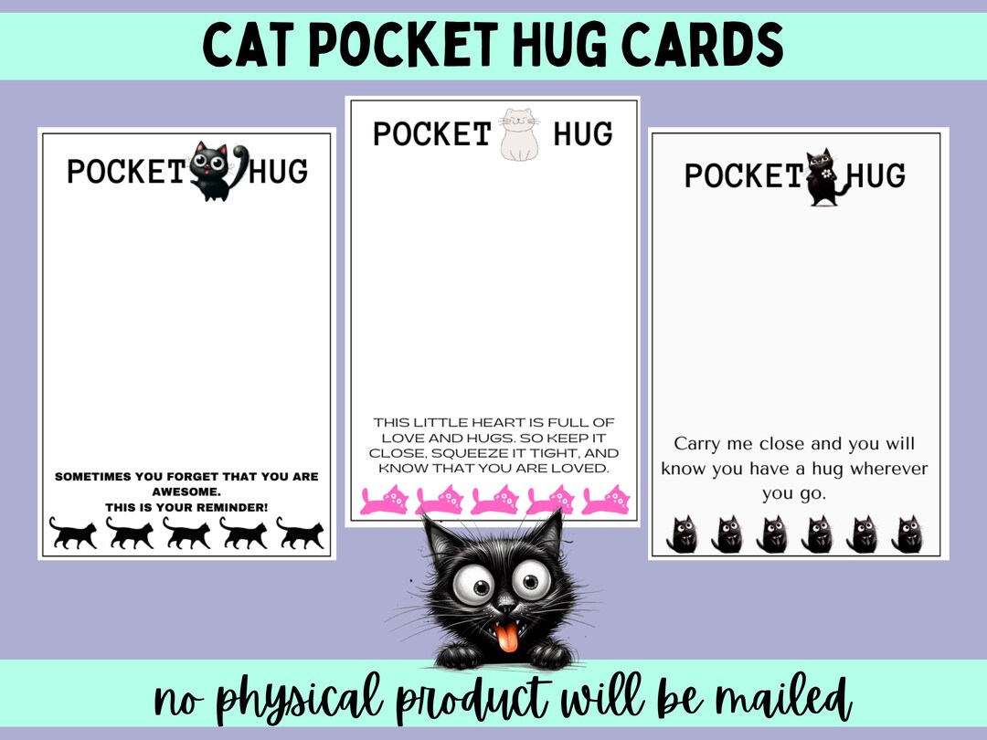 3 Cat Themed Pocket Hug Cards Printable PDF File Instant Download 3 ...
