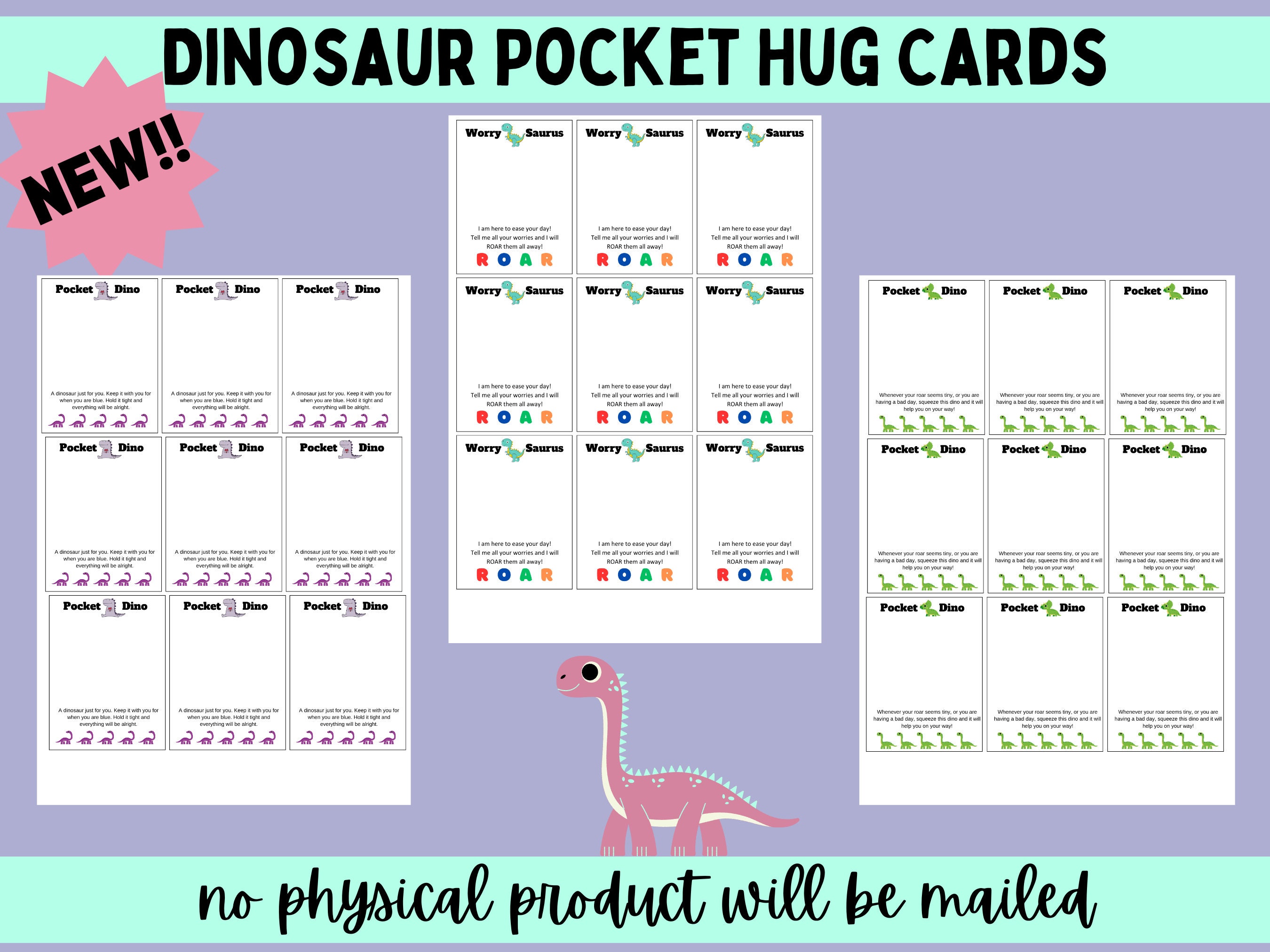 3 Dinosaur Pocket Hug Cards Printable PDF File Instant Download 3 ...