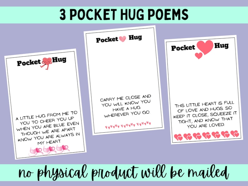 Pocket Hug Cards Printable PDF File Instant Download 3 Different Poems ...
