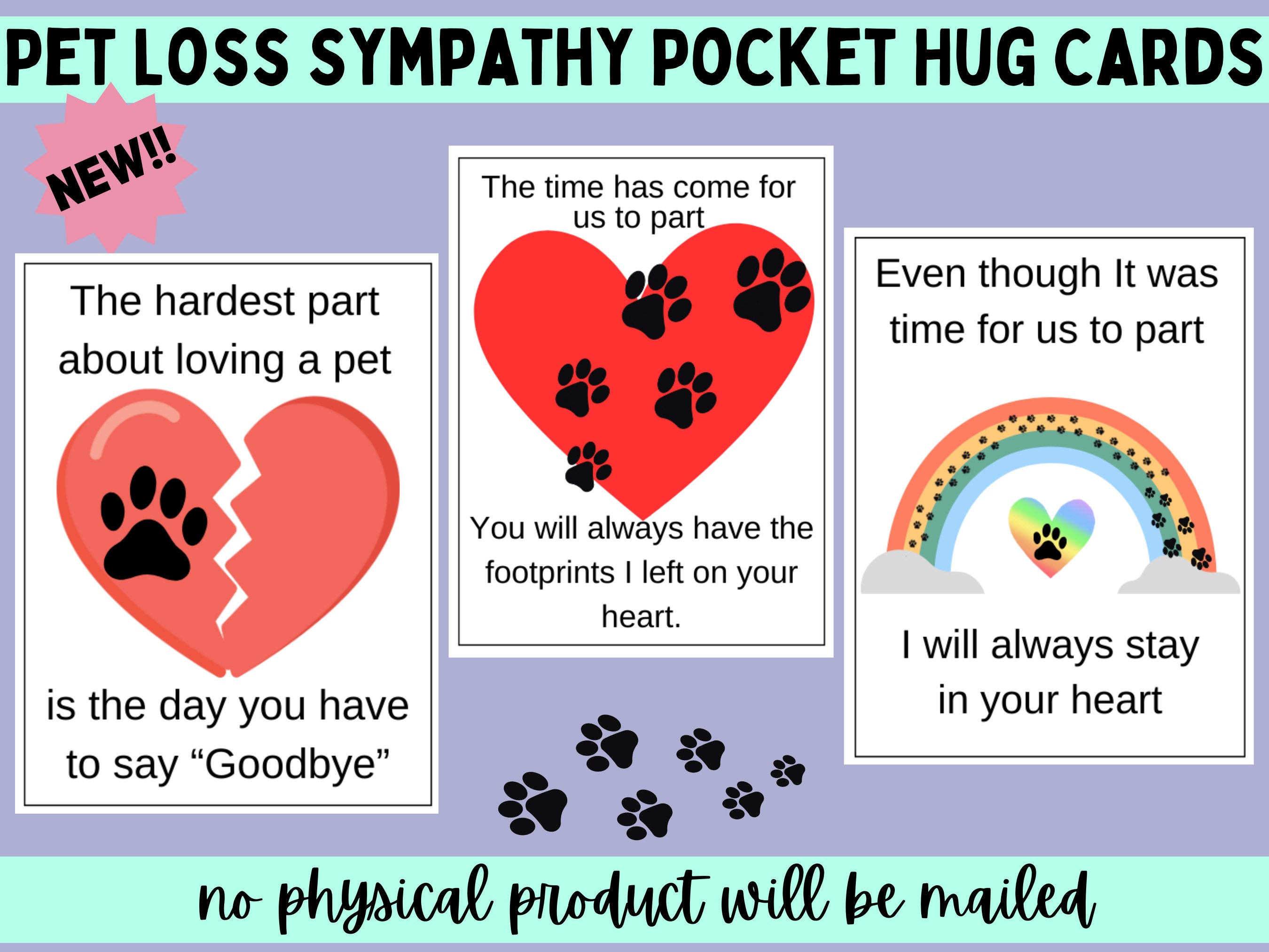 3 Sympathy Pocket Hug Cards Printable PDF File Instant Download Paw ...