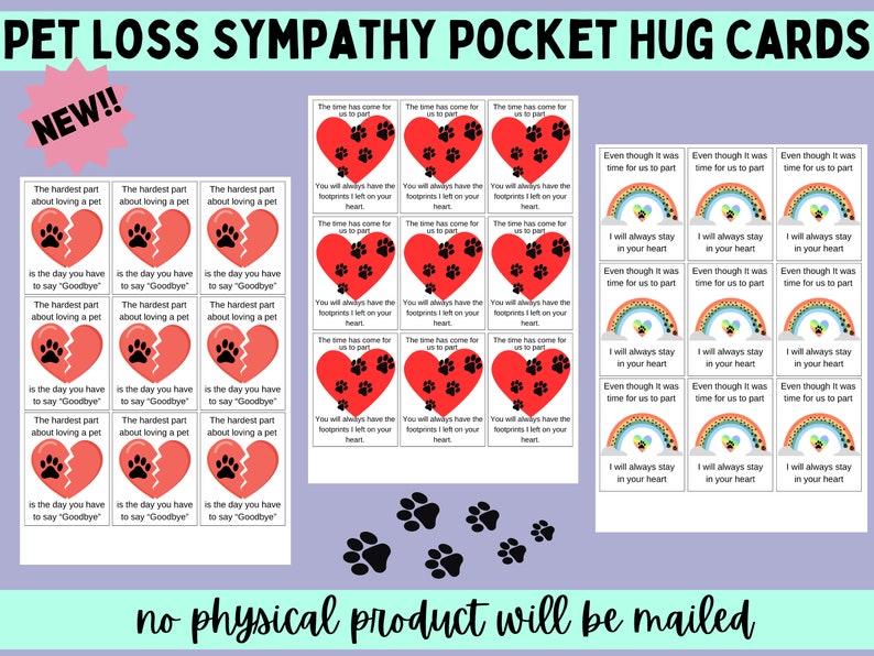 3 Sympathy Pocket Hug Cards Printable PDF File Instant Download Paw ...