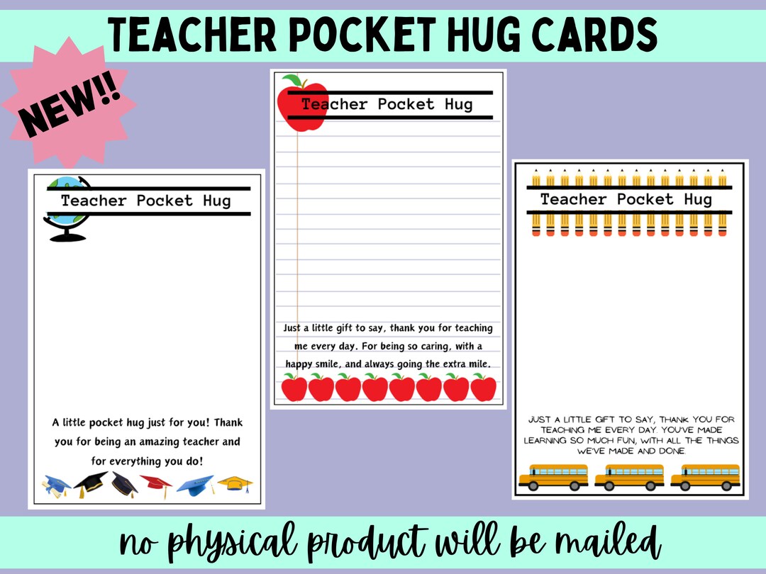 3 Teacher Pocket Hug Cards Printable PDF File Instant Download 3 ...