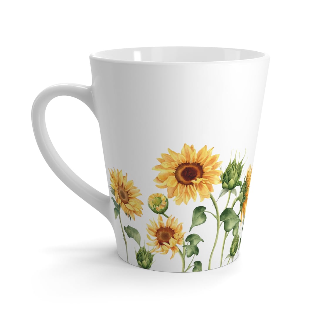 Watercolor Sunflower Border Latte Mug 12 Oz Yellow Summer Sunflowers ...