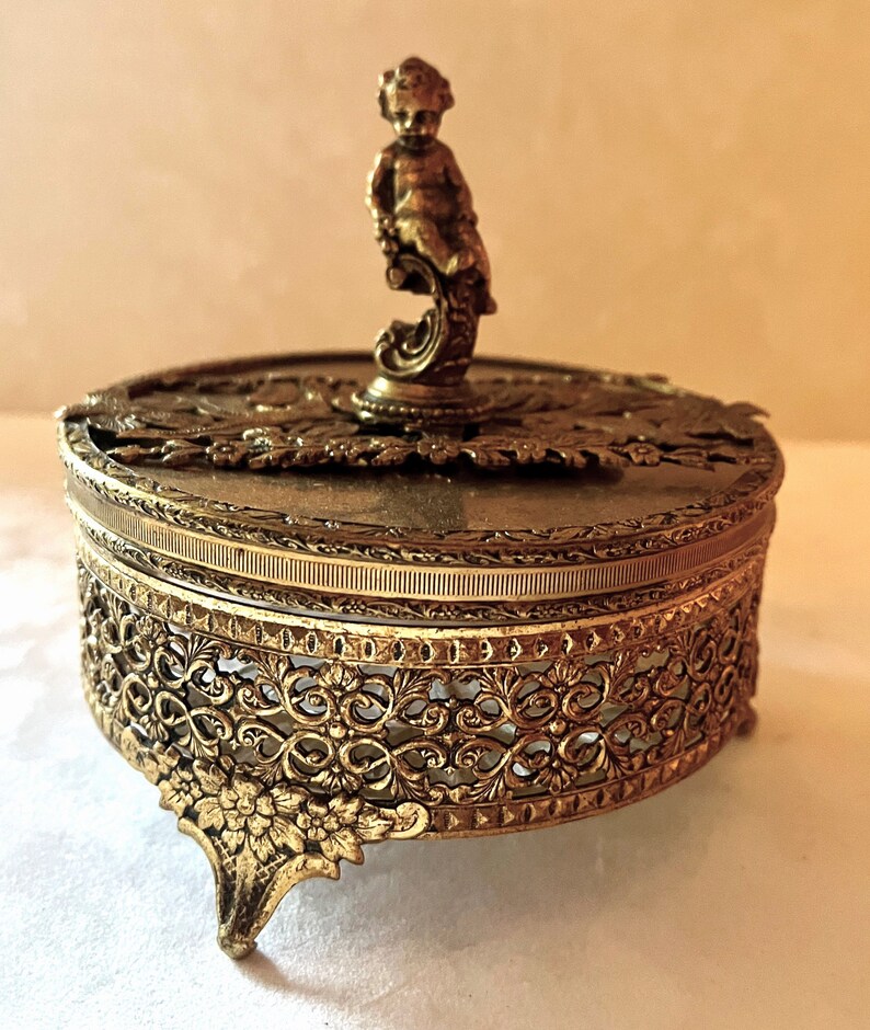 Vintage Ornate Gold Tone Jewelry Trinket Box With Cherub - Etsy