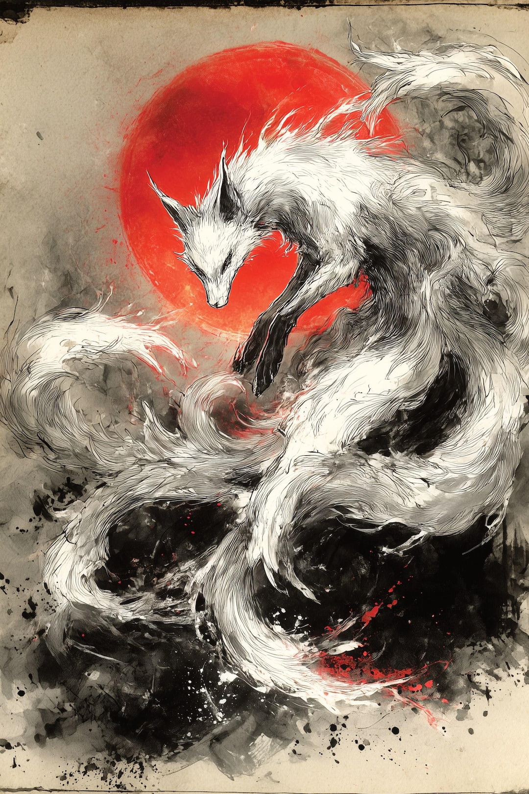 White Fox Spirit Poster – Japanese Ink Art – Red Sun Kitsune – Zen Wall ...