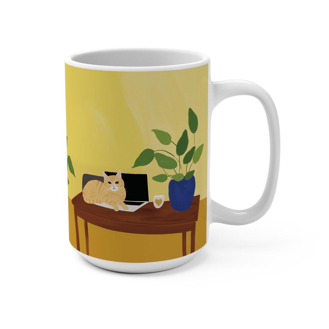 Computer Cat Mug Office Cat Mug Cat on Desk Mug Yellow Cat Mug Cat on ...