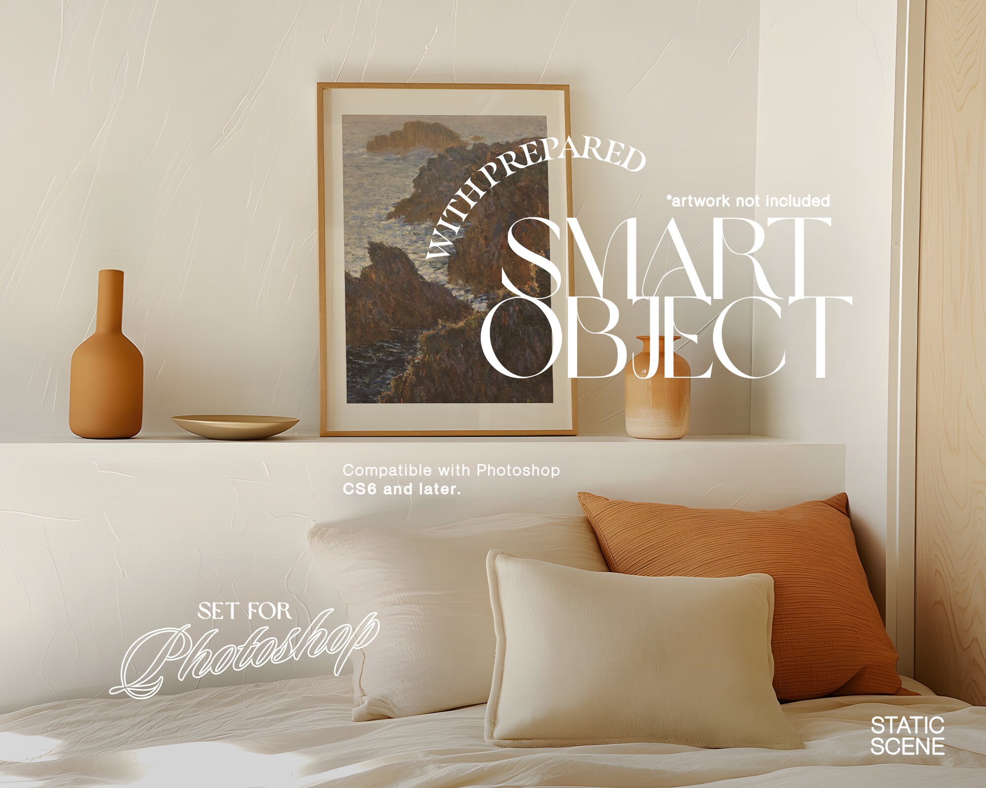 DIN A Frame on Ledge Photoshop Mockup Template in Boho Bedroom Interior ...