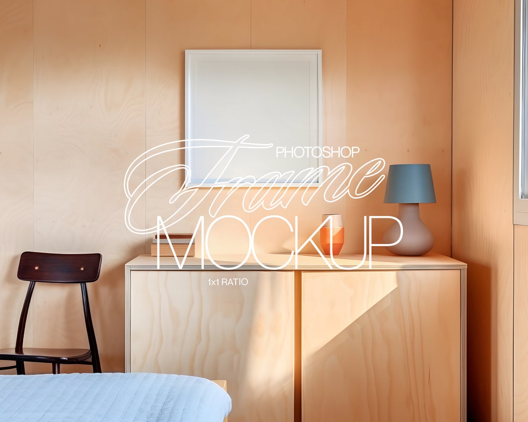 1x1 White Frame Photoshop Mockup Template in Wooden Interior Scene ...