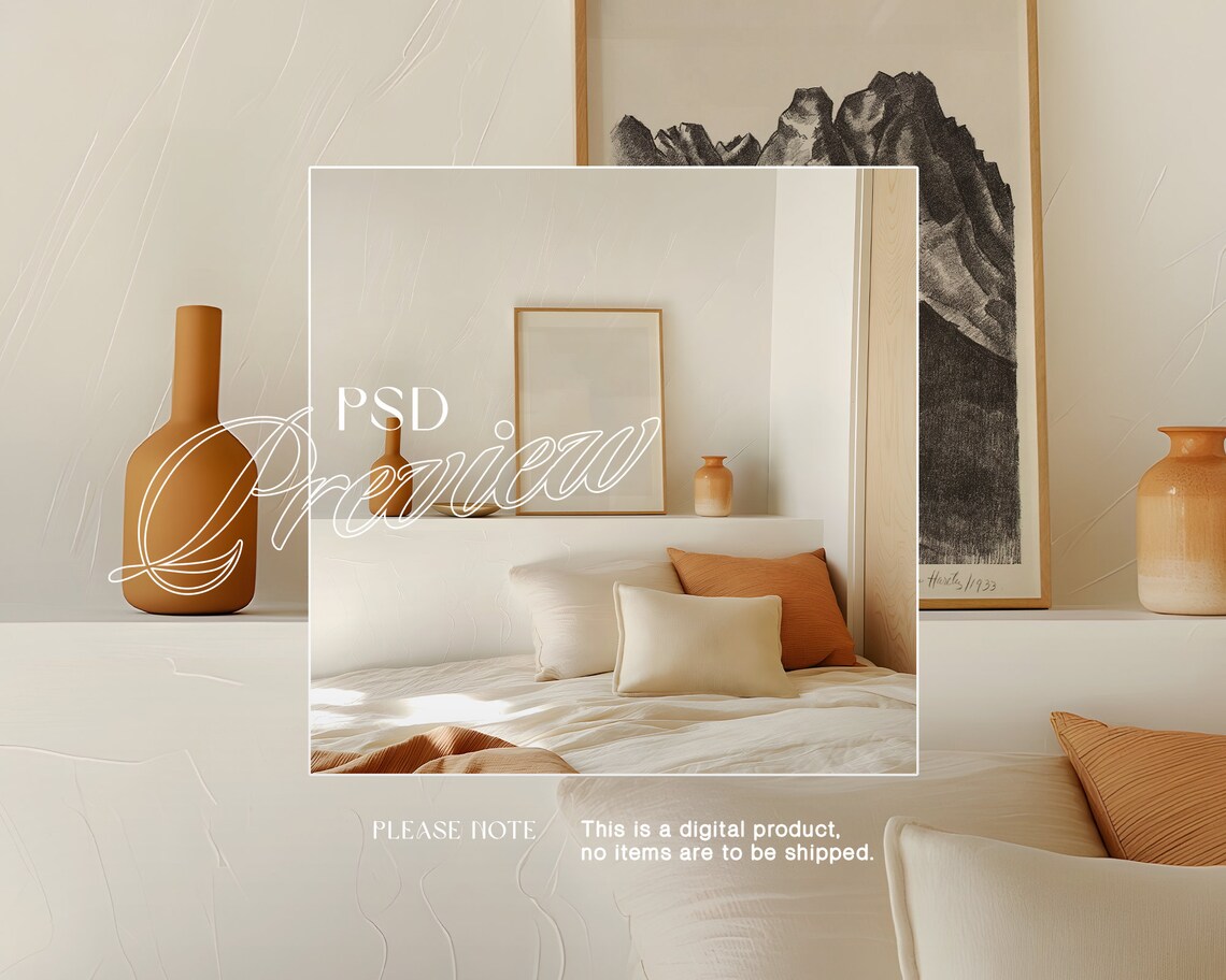 DIN A Frame on Ledge Photoshop Mockup Template in Boho Bedroom Interior ...