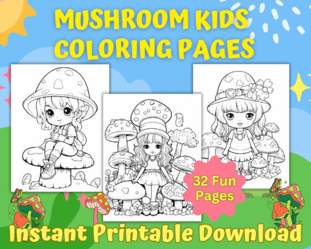 32 Cute Mushroom Kids Coloring Pages, Instant Printable Download - Etsy