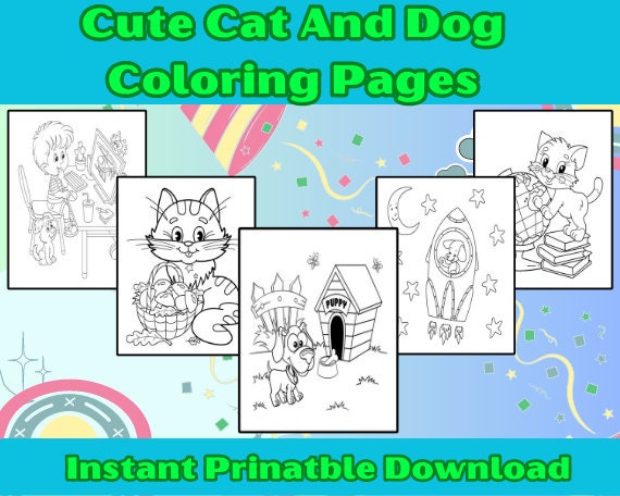 52 Cute Cats and Dogs Coloring Pages, Instant Download - Etsy