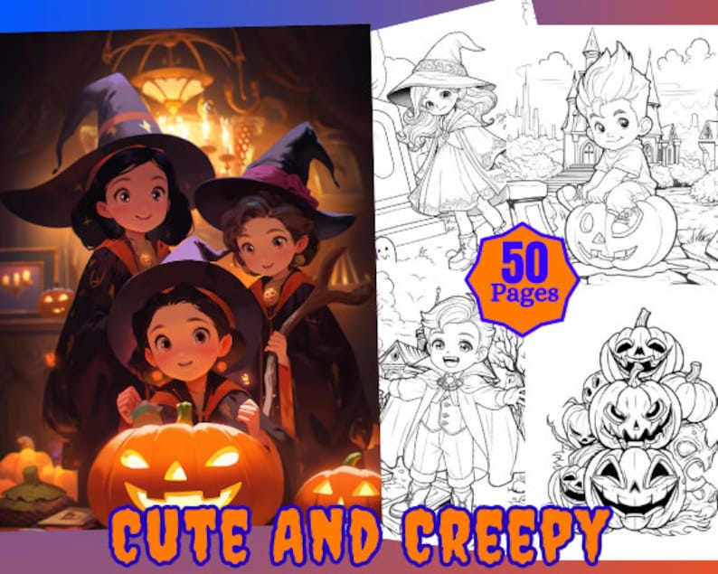 50 Cute and Creepy Halloween Coloring Pages, Instant Printable Download ...